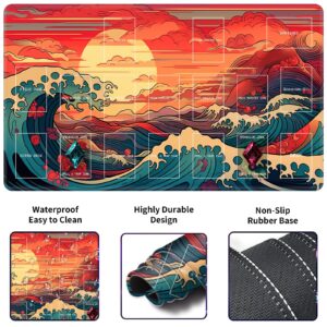 Playmat for OCG, Game Play Mat for TCG CCG 24 x 14 inch with Non-Slip Rubber Base and Stitched for Board Games and Table Magic, Orange Waves