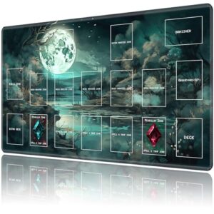 playmat for ocg, game play mat for tcg ccg 24 x 14 inch with non-slip rubber base and stitched for board games and table magic, moon and river at night