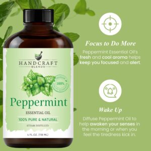 Handcraft Blends Peppermint Essential Oil - Huge 4 Fl Oz - 100% Pure and Natural - Premium Grade with Glass Dropper