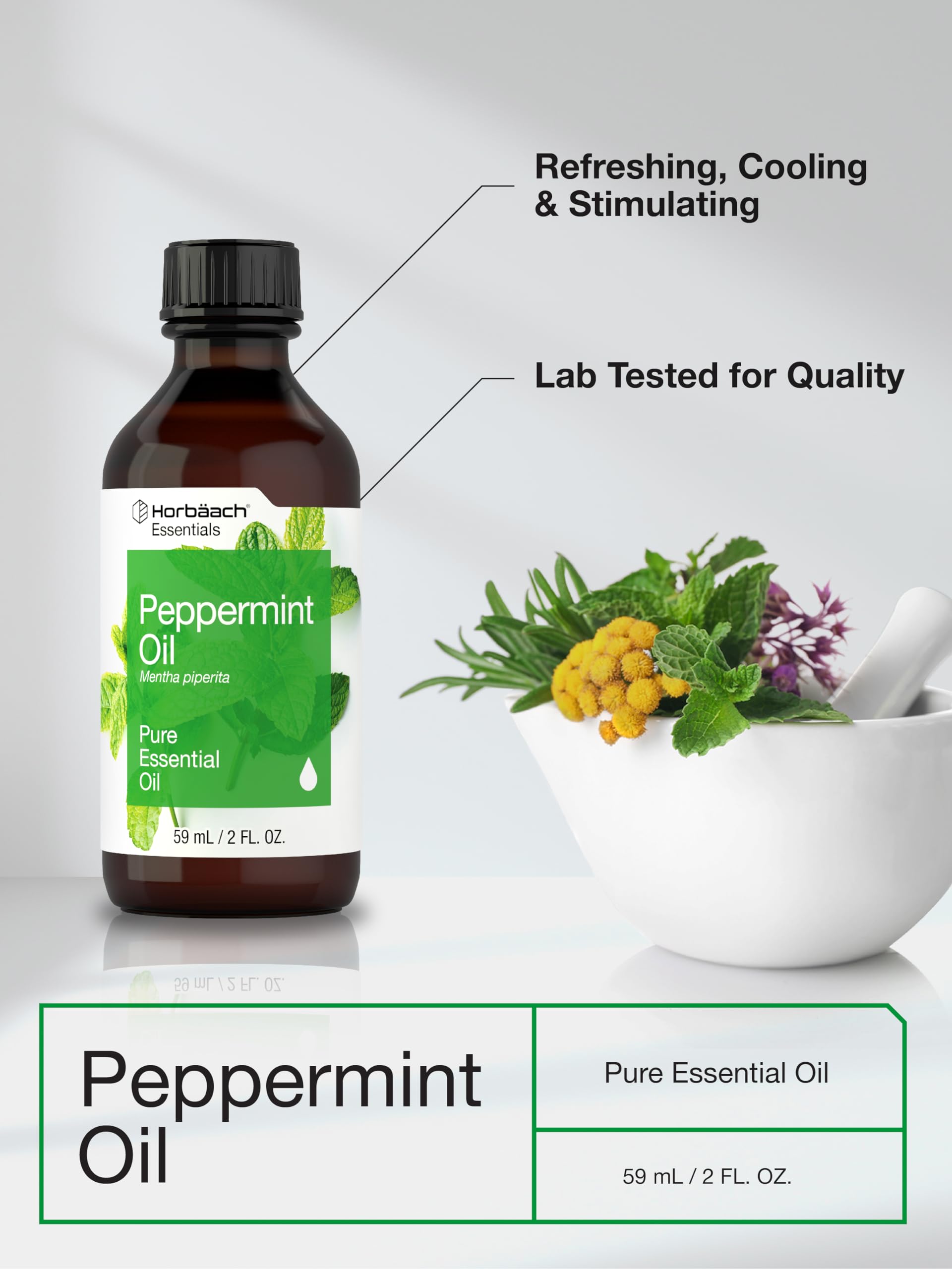 Horbäach Peppermint Oil | 2 fl oz | Pure Essential Spray | for Massage, Bath & Diffusers | Non-GMO, Gluten Free