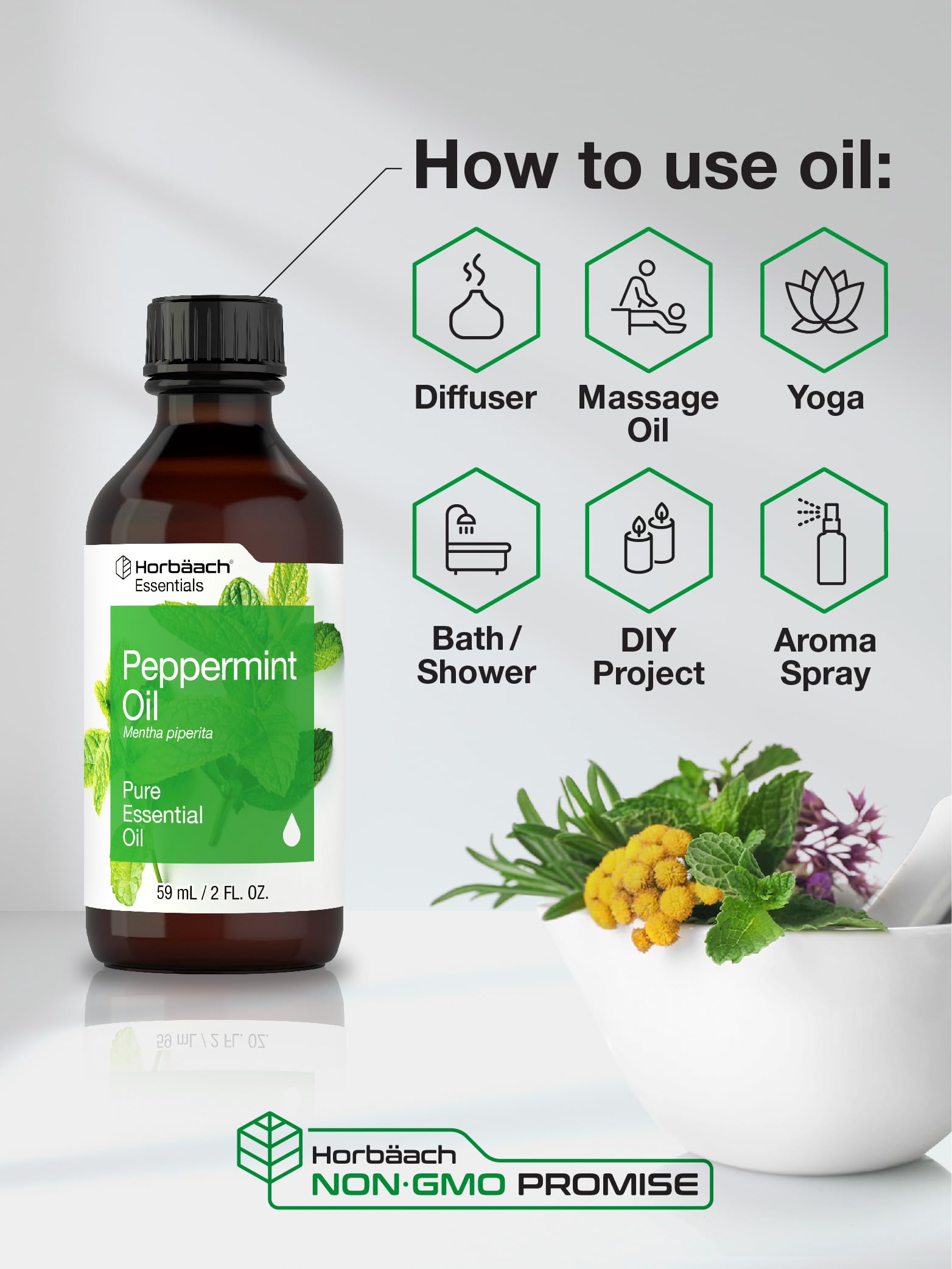 Horbäach Peppermint Oil | 2 fl oz | Pure Essential Spray | for Massage, Bath & Diffusers | Non-GMO, Gluten Free