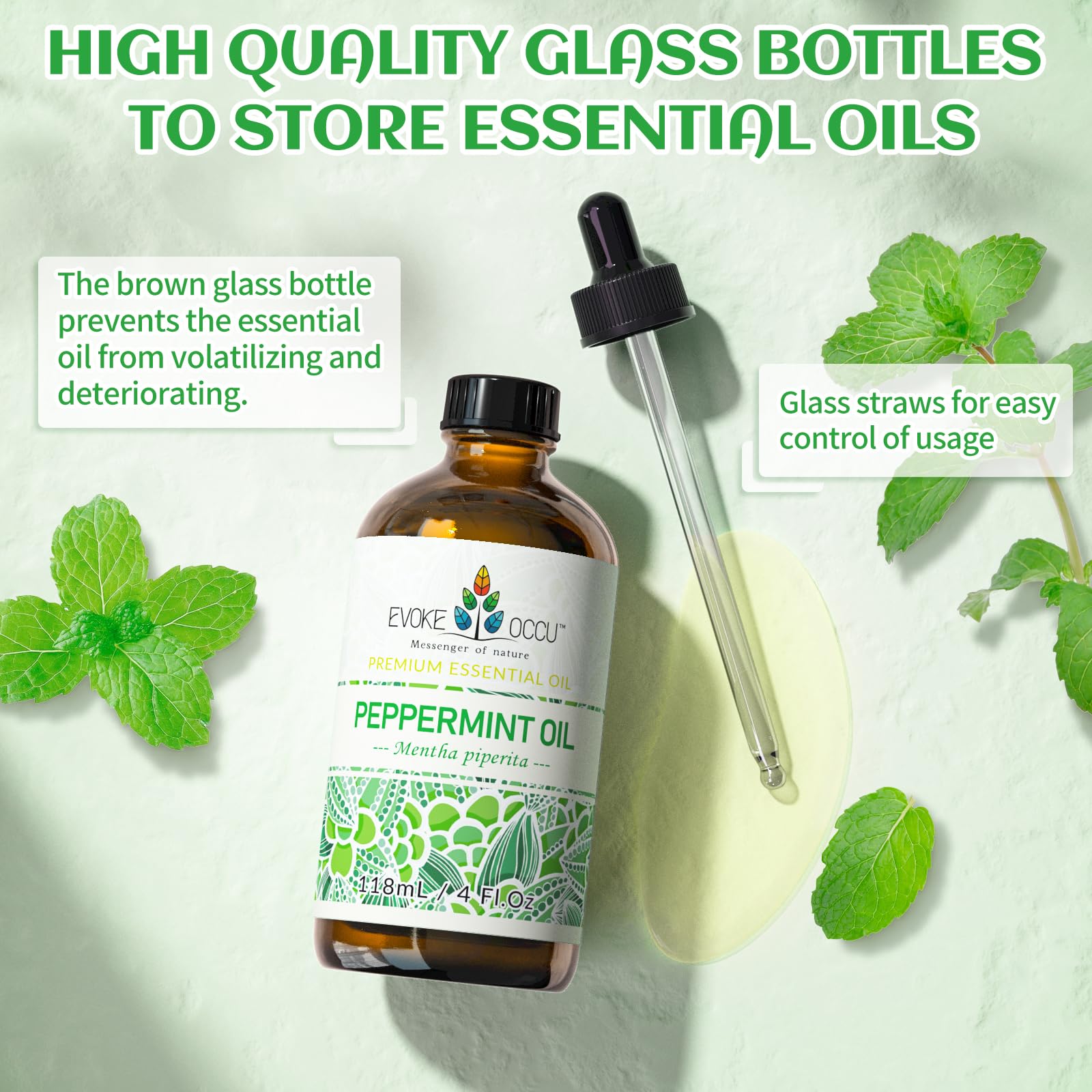 EVOKE OCCU Peppermint Oil 4 Fl Oz, Pure Peppermint Essential Oil for Hair, Skin, Diffuser - 118ml