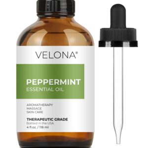 peppermint essential oil by velona - 4 oz | therapeutic grade 100% pure and natural | for aromatherapy diffuser, massage, skincare, haircare, soapmaking | undiluted and multipurpose in glass bottle