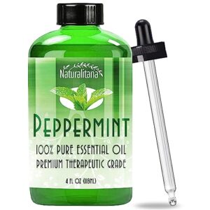 naturalitana peppermint essential oil - therapeutic grade for aromatherapy, diffuser, hair, stress, relaxation, dropper - 4 fl oz - mint scented oil - mint oil