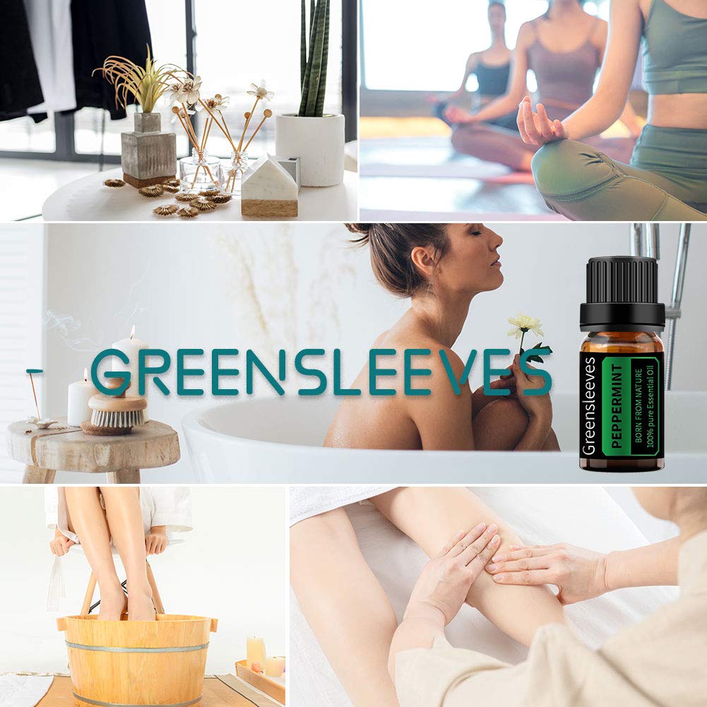 GREENSLEEVES Peppermint Essential Oil 100% Pure Organic Peppermint Aromatherapy Oils 10ml for Massage, Diffuser