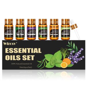 wtrcsv essential oils set- 6 aromatherapy oils -perfect for diffuser, humidifier,aromatherapy, candle making, massage-peppermint, tea tree, lavender, eucalyptus, lemongrass, sweet orange（5ml）