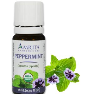 Amrita Aromatherapy Organic Peppermint Essential Oil, 100% Pure Undiluted Mentha piperita, Therapeutic Grade, Premium Quality Aromatherapy oil, Tested & Verified, 10ML