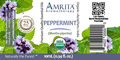 Amrita Aromatherapy Organic Peppermint Essential Oil, 100% Pure Undiluted Mentha piperita, Therapeutic Grade, Premium Quality Aromatherapy oil, Tested & Verified, 10ML