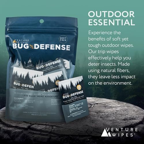 Venture Wipes Natural Mosquito Repellent Wipes - DEET-Free Bug Repellant - Long Lasting Insect Repellent Wipes - Travel Friendly - Citronella, Peppermint, and Rosemary Infused - 15 Count Bag