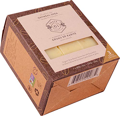 Crate 61, Handmade in Canada, Plant Based Cold Process Natural Bar Soap For Face And Body, With Premium Essential Oils, Eucalyptus & Peppermint For Men And Women 3 Pack (Oatmeal Shea (Unsented))