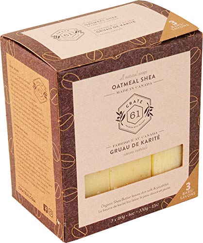 Crate 61, Handmade in Canada, Plant Based Cold Process Natural Bar Soap For Face And Body, With Premium Essential Oils, Eucalyptus & Peppermint For Men And Women 3 Pack (Oatmeal Shea (Unsented))