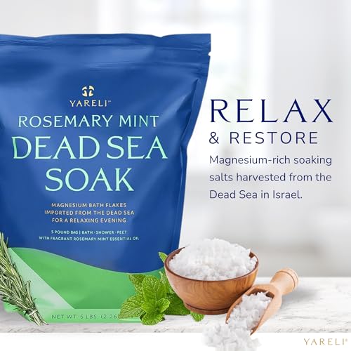 Yareli Dead Sea Bath & Foot Soak, Rosemary Peppermint Magnesium Bath Salt Flakes, Alternative to Epsom Salt, 5lbs with Over 250,000mg of Elemental Magnesium Per Bag