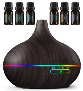 sedavy oil diffuser, 500ml aromatherapy diffuser with 6x10ml included, 7x2 colorful led night light, 23db quiet bpa-free essential oil diffusers for home, 16h lasting, 4 timers, auto off, black