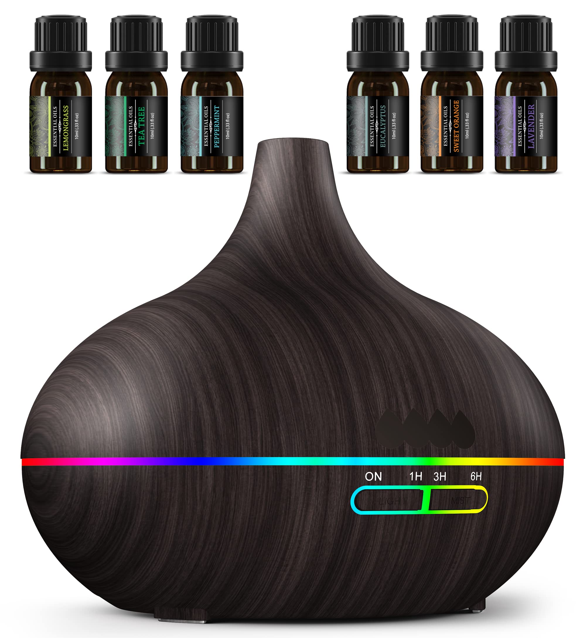 SEDAVY Oil Diffuser, 500ml Aromatherapy Diffuser with 6x10ml Included, 7x2 Colorful LED Night Light, 23dB Quiet BPA-Free Essential Oil Diffusers for Home, 16H Lasting, 4 Timers, Auto Off, Black