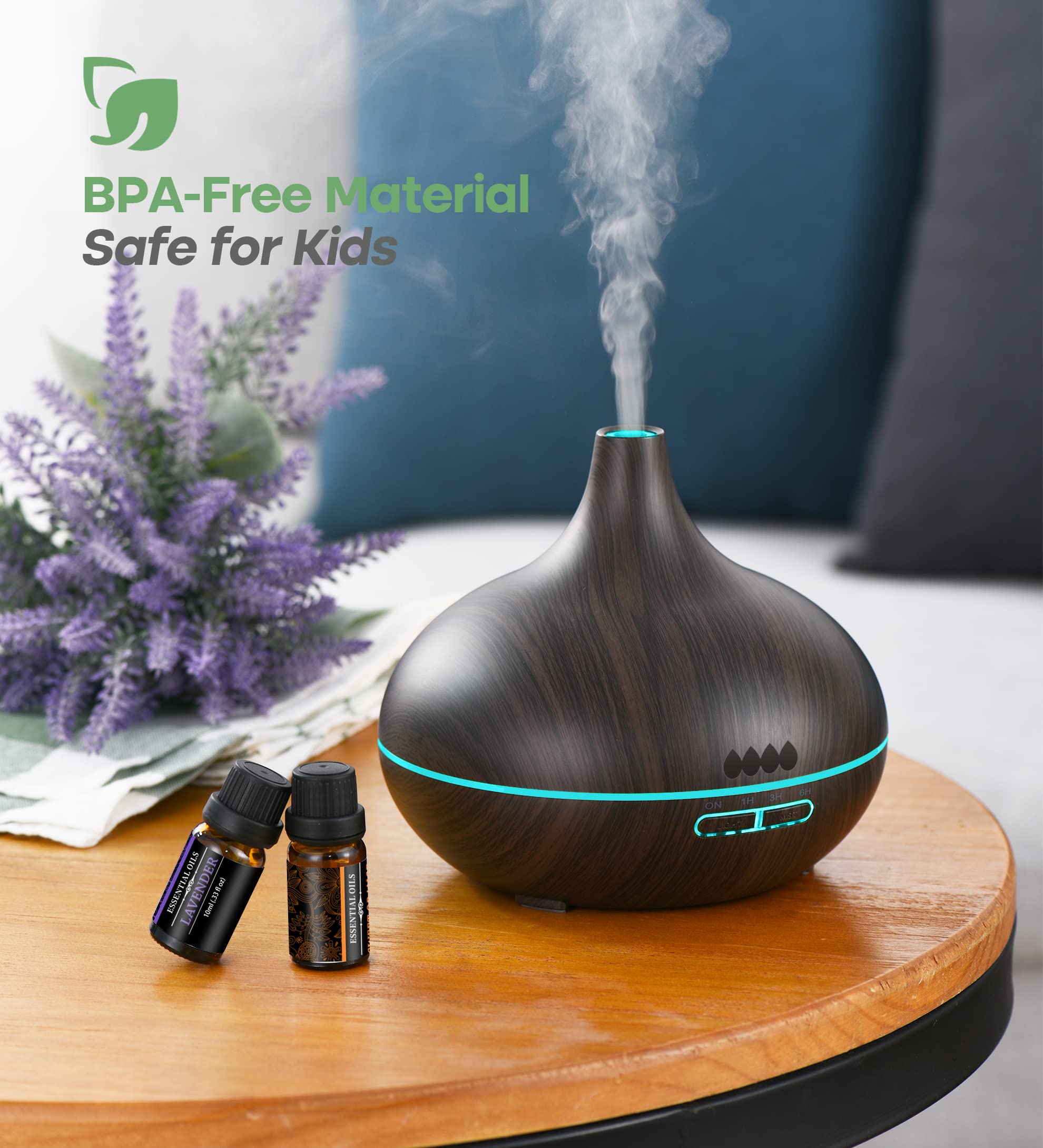 SEDAVY Oil Diffuser, 500ml Aromatherapy Diffuser with 6x10ml Included, 7x2 Colorful LED Night Light, 23dB Quiet BPA-Free Essential Oil Diffusers for Home, 16H Lasting, 4 Timers, Auto Off, Black