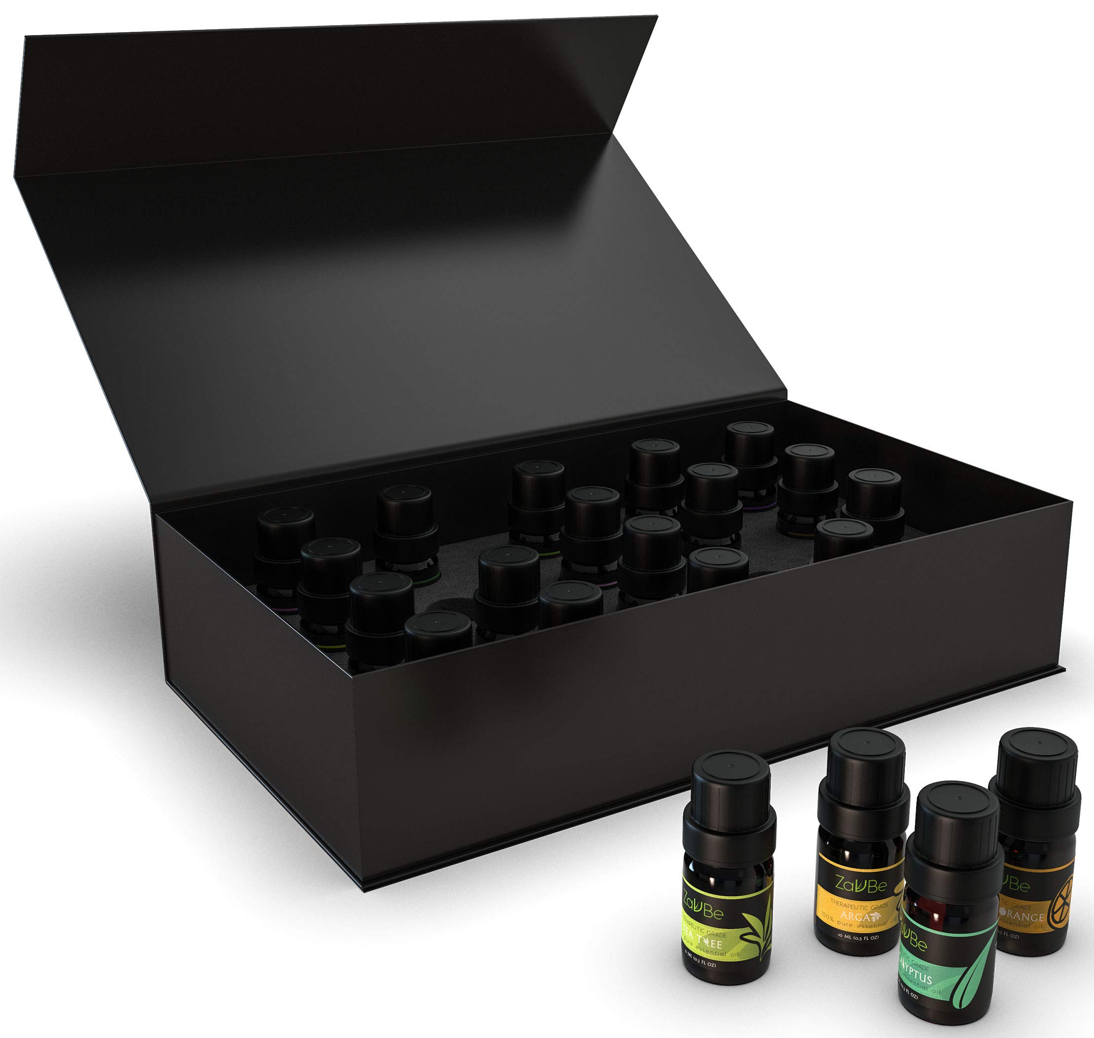 MABUA 18 Essential Oil Set with 20 Holes Case Natural Therapeutic 100% Diffuser Aromatherapy Grade Lavender Lemon Peppermint TeaTree Argan Frankincense Bergamot Lemon