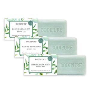 bodipure green tea bar soap - refreshing and moisturizing soap for face and body - with olive oil and baking soda 4.4 ounces, 3 bars