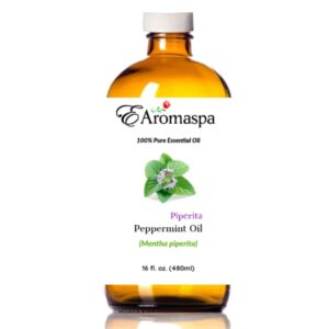 earomaspa peppermint, bulk size essential oil, 100% pure, undiluted, therapeutic grade, mint, natural aromatherapy, for headache, migraines, hair, diffusers, mice, rats, bugs ;16 fl oz bottle