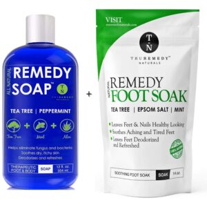 remedy soap tea tree oil body wash + tea tree oil foot soak with epsom salt mint, helps body odor, athlete’s foot, jock itch, ringworm, yeast infections, skin irritations, soothes sore tired feet