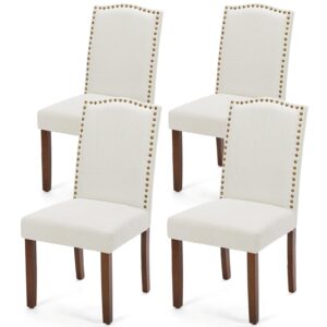 mcq upholstered dining chairs set of 4, modern upholstered fabric dining room chair with nailhead trim and wood legs, mid-century accent dinner chair for living room, kitchen, beige