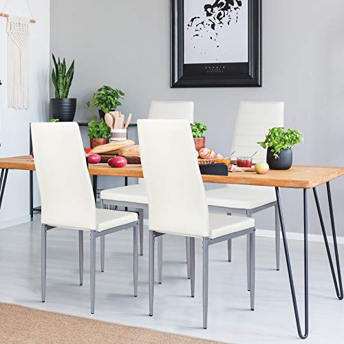 Giantex Set of 4 PU Leather Dining Side Chairs with Padded Seat Foot Cap Protection Stable Frame Heavy Duty High Back Design Dining Chairs for Kitchen Dining Room Home Furniture, White