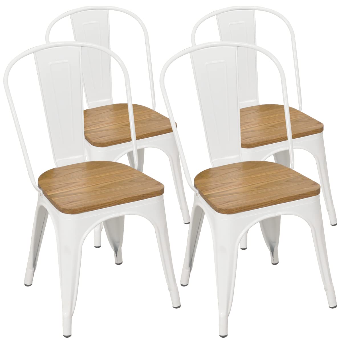 Metal Dining Chairs with Wood Seat Set of 4 White Stackable Industrial Metal Restaurant/Bistro/Cafe/Trattoria/Bar Side Chairs