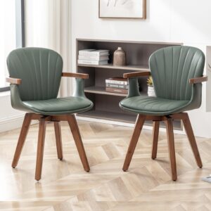 lunling swivel dining chairs set of 2, mid century modern green faux leather kitchen chairs with arms,bamboo legs side chairs no wheels,accent chair for dining rooms and offices