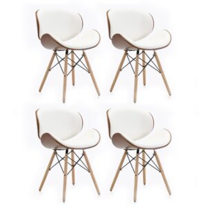 belleze set of 4 mid century modern dining chairs, upholstered faux leather walnut curved back contemporary kitchen dining accent chair, minimalist vintage style - avalon (white)