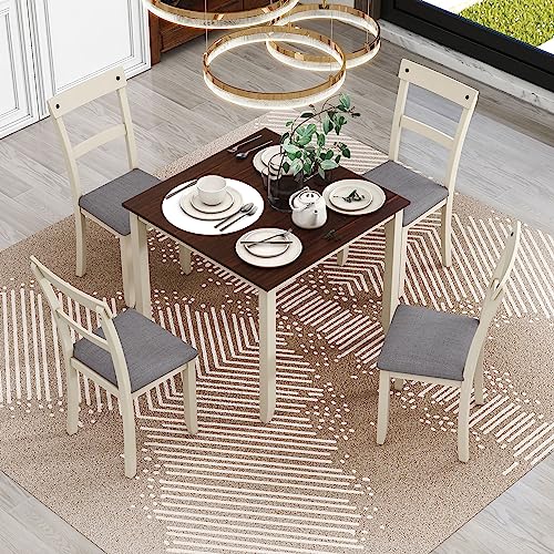 Goozio 5-Piece Kitchen Set with Wood Table and 4 Padded Chairs for Dining Room, Brown+Cottage White