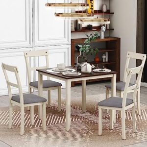 Goozio 5-Piece Kitchen Set with Wood Table and 4 Padded Chairs for Dining Room, Brown+Cottage White