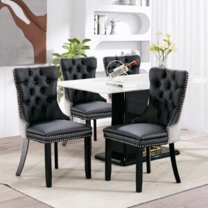 SoarFlash Leather Dining Chairs Set of 4, Tall Back Side Chair, Modern Upholstered Side Chair with Button Back Ring, Solid Wood Legs (Black&Grey)