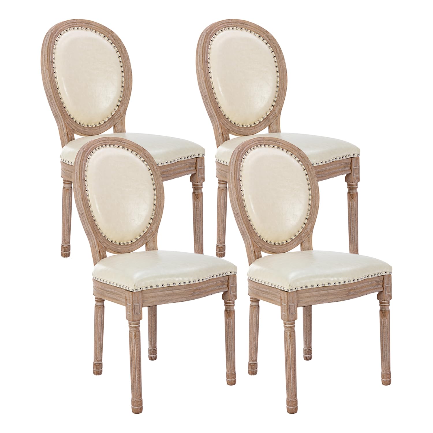 Virabit French Country Dining Chairs Set of 4, Leather Dining Chairs with Curved Backrest, Vintage French Accent Chairs for Living Room, Kitchen, Restaurant (Beige)