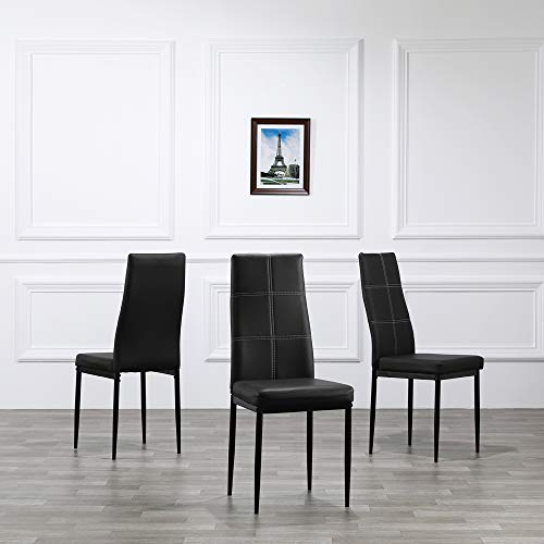 UDeuxff Dining Chairs Set of 4,4pcs Elegant Dining Chairs with 6 Grids Decoration,PU Leather Seat and Metal Frame,Backrest White Cushion Black