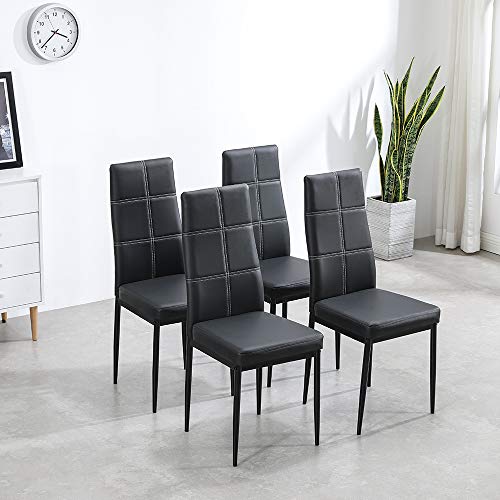 UDeuxff Dining Chairs Set of 4,4pcs Elegant Dining Chairs with 6 Grids Decoration,PU Leather Seat and Metal Frame,Backrest White Cushion Black