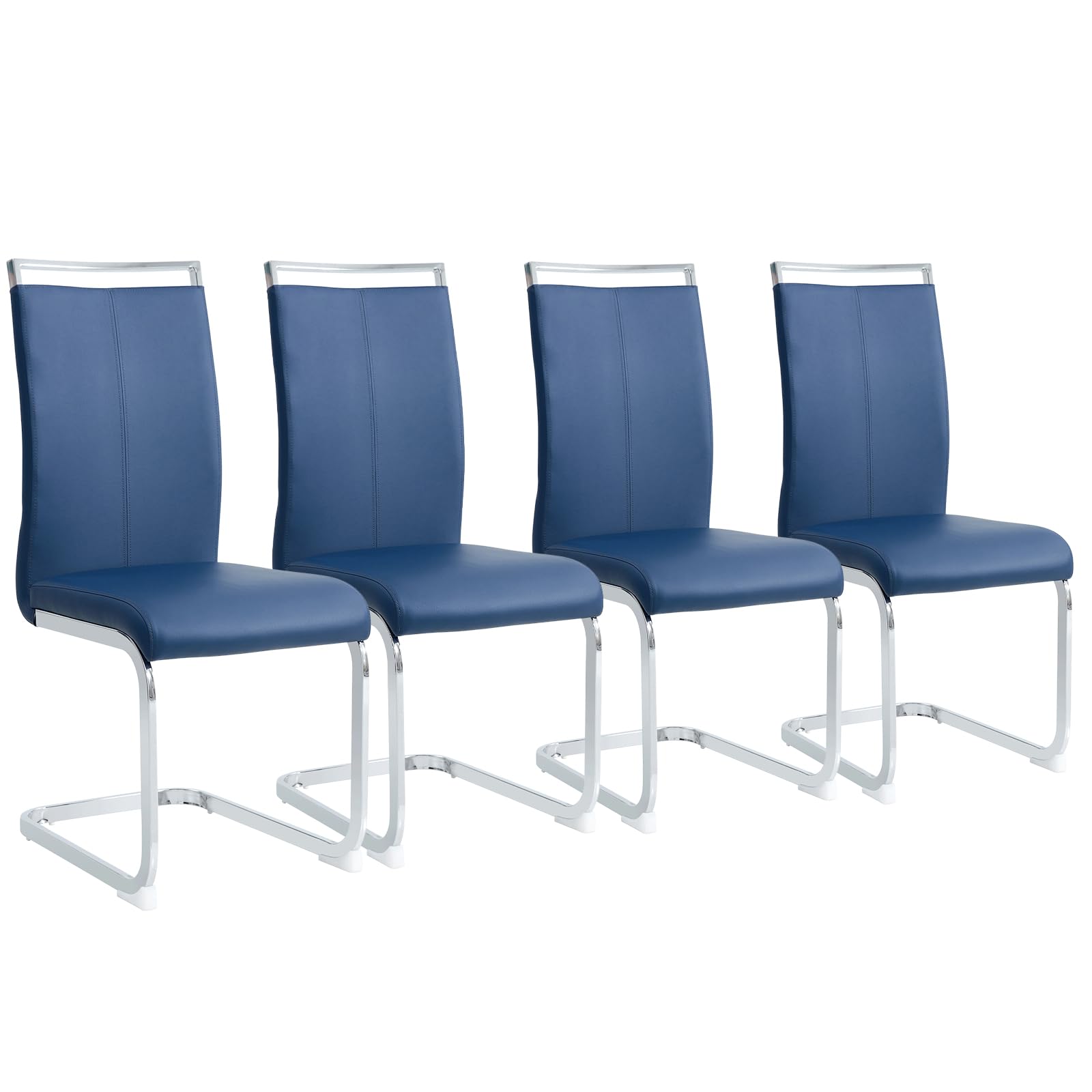 POULEII Dining Chairs Set of 4, Upholstered Dining Chairs with C-Shaped Tube Chrome Legs and Faux Leather Padded Seat for Dining&Kitchen Room,Blue