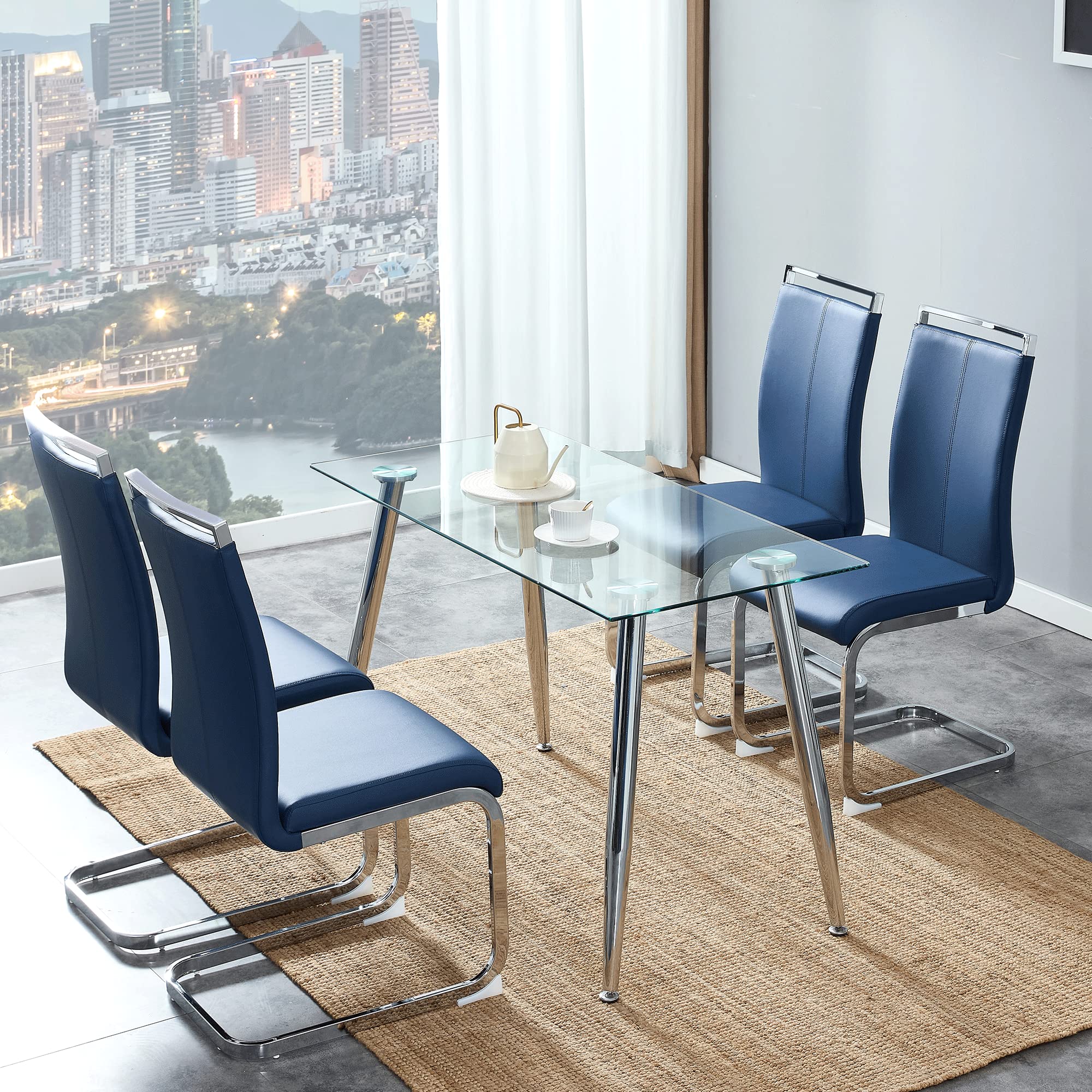 POULEII Dining Chairs Set of 4, Upholstered Dining Chairs with C-Shaped Tube Chrome Legs and Faux Leather Padded Seat for Dining&Kitchen Room,Blue