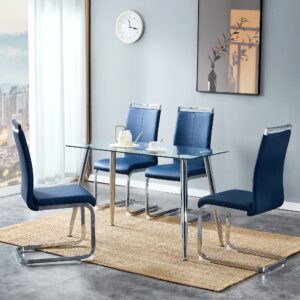 POULEII Dining Chairs Set of 4, Upholstered Dining Chairs with C-Shaped Tube Chrome Legs and Faux Leather Padded Seat for Dining&Kitchen Room,Blue