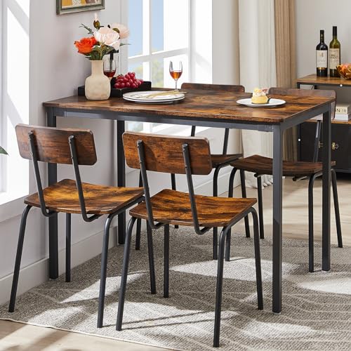 PKUGU Dining Table and Chair Set, Kitchen Table and Chairs for 4, Kitchen & Dining Room Tables, Farmhouse Kitchen Tables, Rectangle Dining Tables, 4 Chairs with Curved Back, Rustic Brown+Black