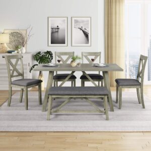 prohon wood 6 piece dining set with 60" l rectangular table, multifunctional soft bench and 4 x-shaped highback chairs, farmhouse rustic style kitchen furniture for living room/apartments, gray