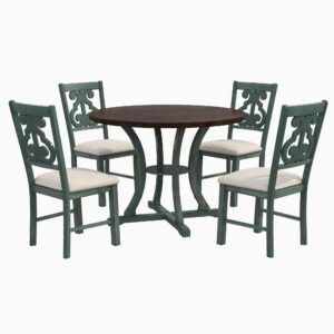 5-Piece Round Dining Table and 4 Chairs Set with Storage Shelf, Special-Shaped Legs and an Exquisitely Designed Hollow Back for Kitchen Living Room, Antique Blue+Dark Brown