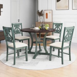 5-Piece Round Dining Table and 4 Chairs Set with Storage Shelf, Special-Shaped Legs and an Exquisitely Designed Hollow Back for Kitchen Living Room, Antique Blue+Dark Brown