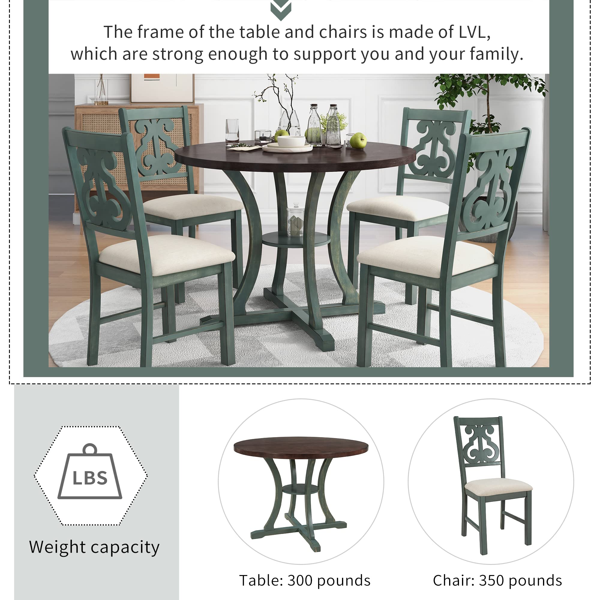 5-Piece Round Dining Table and 4 Chairs Set with Storage Shelf, Special-Shaped Legs and an Exquisitely Designed Hollow Back for Kitchen Living Room, Antique Blue+Dark Brown