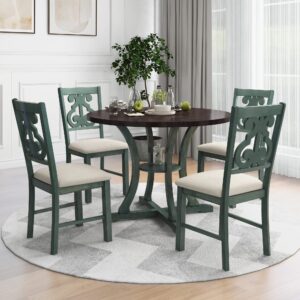 5-Piece Round Dining Table and 4 Chairs Set with Storage Shelf, Special-Shaped Legs and an Exquisitely Designed Hollow Back for Kitchen Living Room, Antique Blue+Dark Brown