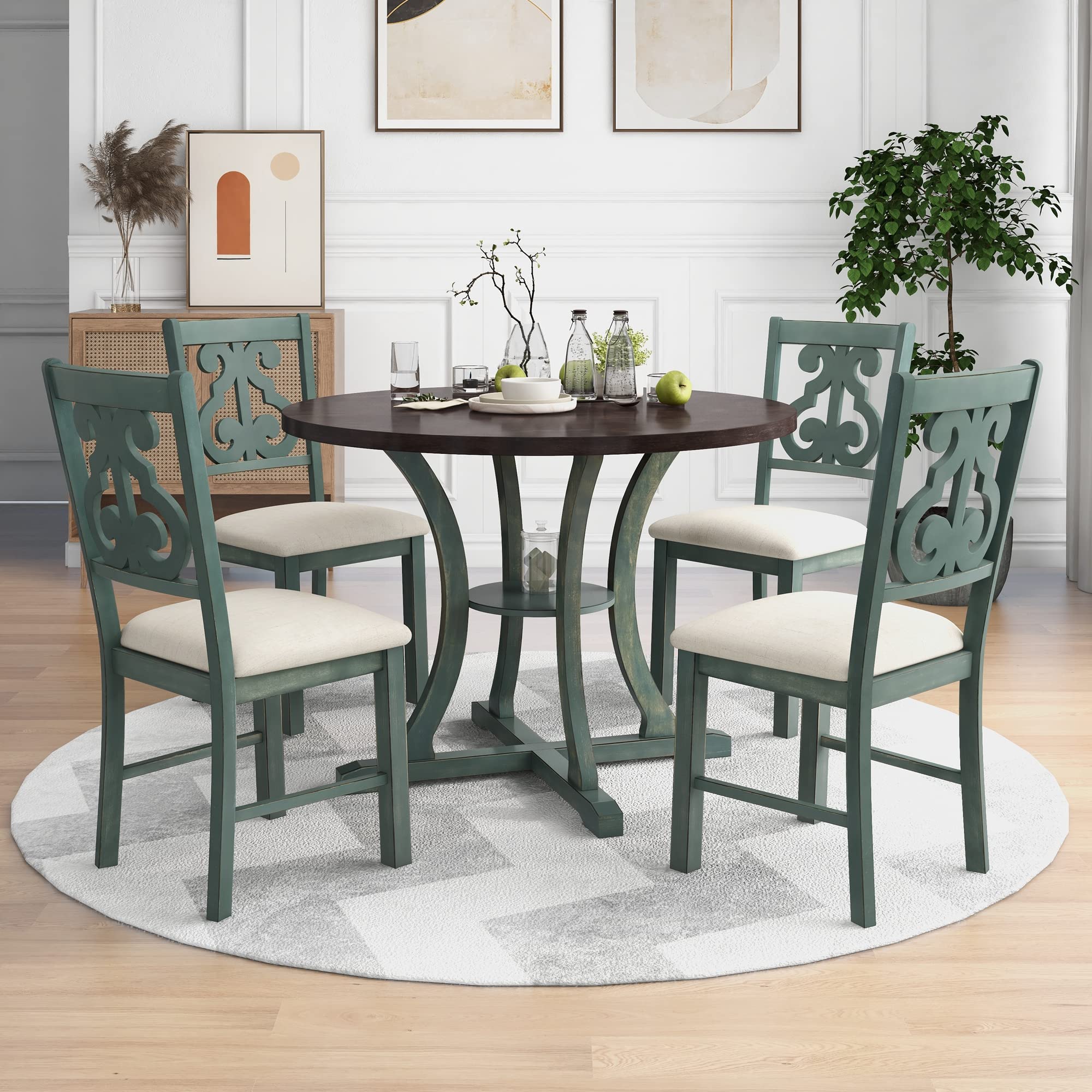 5-Piece Round Dining Table and 4 Chairs Set with Storage Shelf, Special-Shaped Legs and an Exquisitely Designed Hollow Back for Kitchen Living Room, Antique Blue+Dark Brown