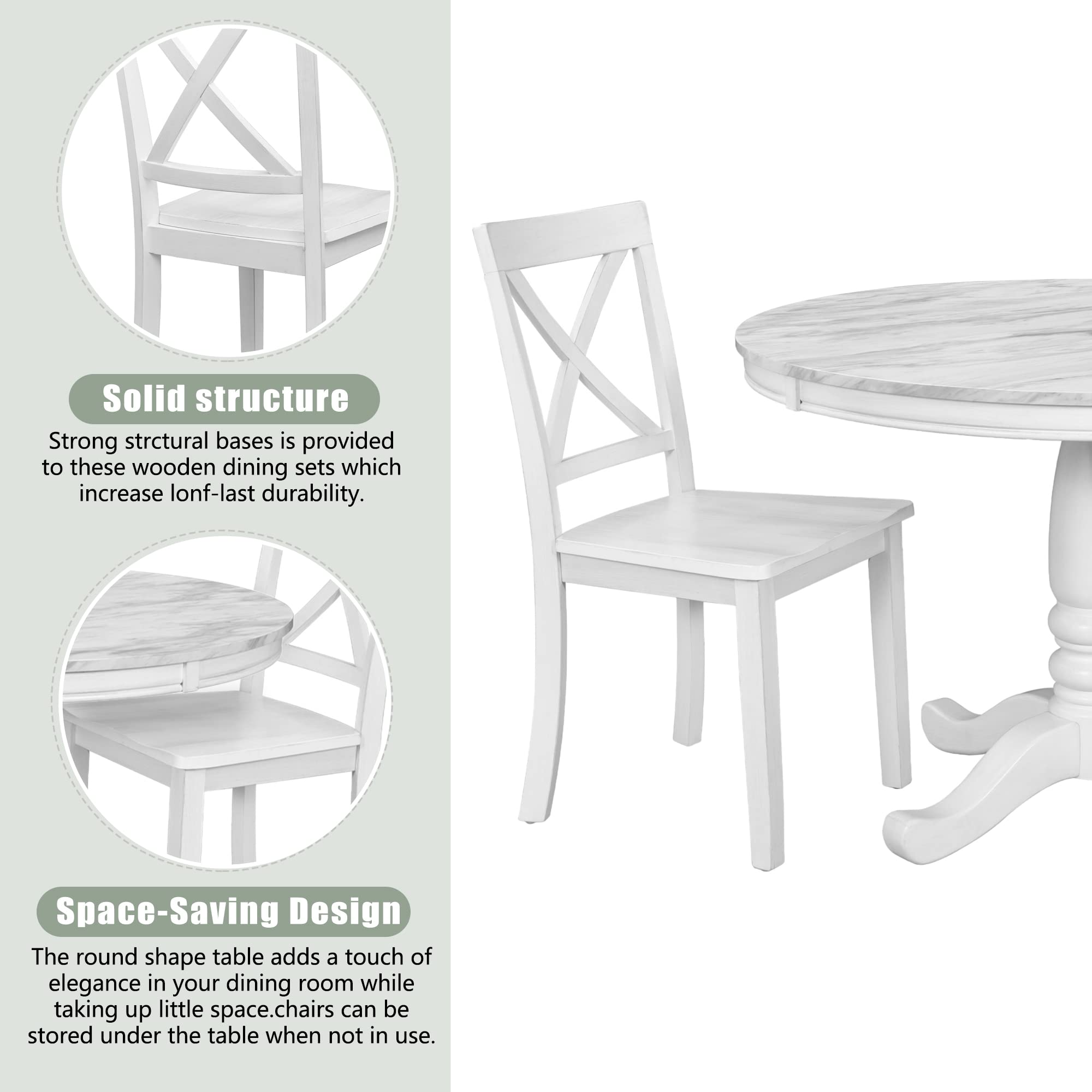 Goozio Round, Wood Kitchen 5 Pieces Table Set with 4 Chairs,for Dining Living Room,White