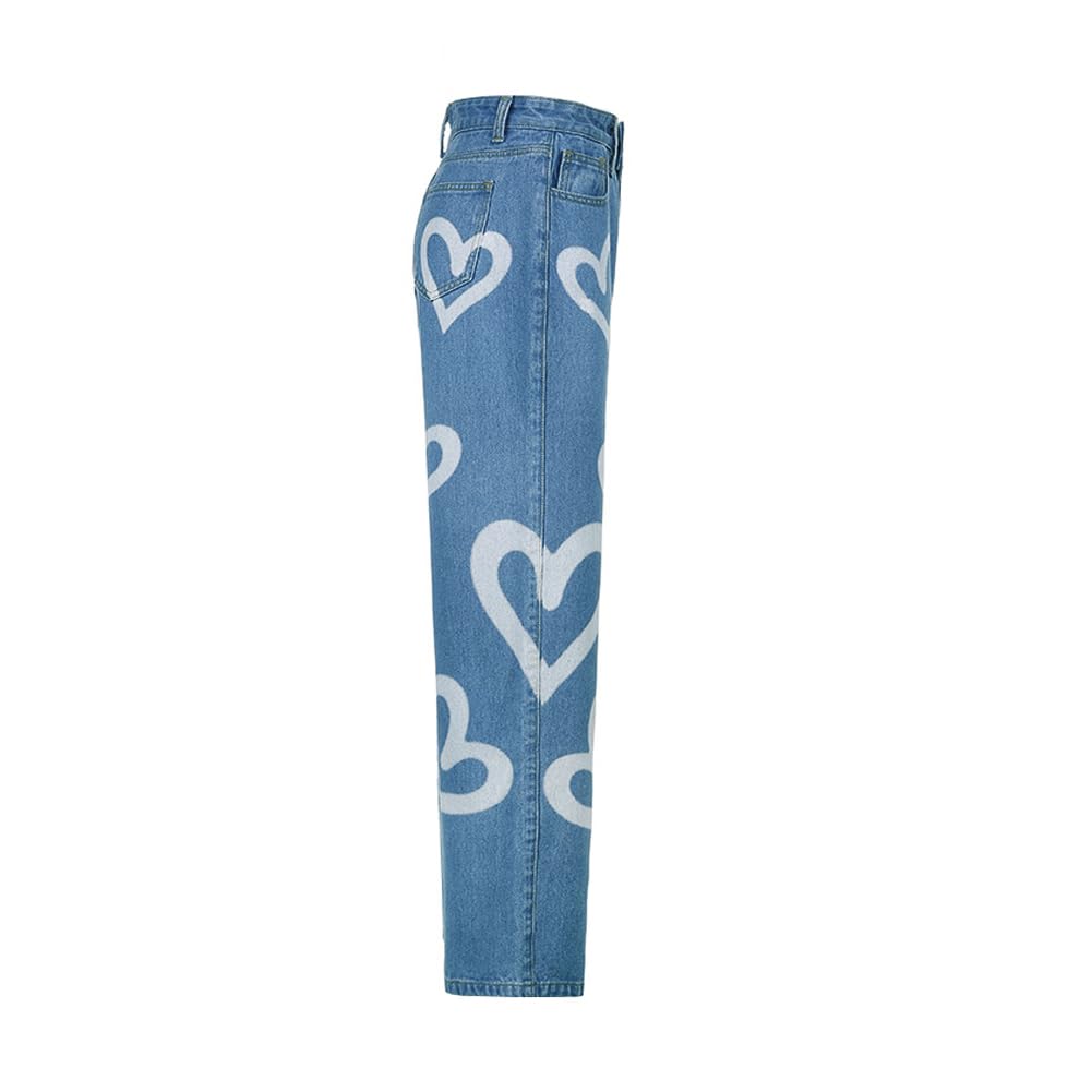 Heart Print Jeans for Women Fashion Wide Leg High Waist Denim Pants Boyfriend Jeans Loose Fit Vintage Jeans for Teen Girls