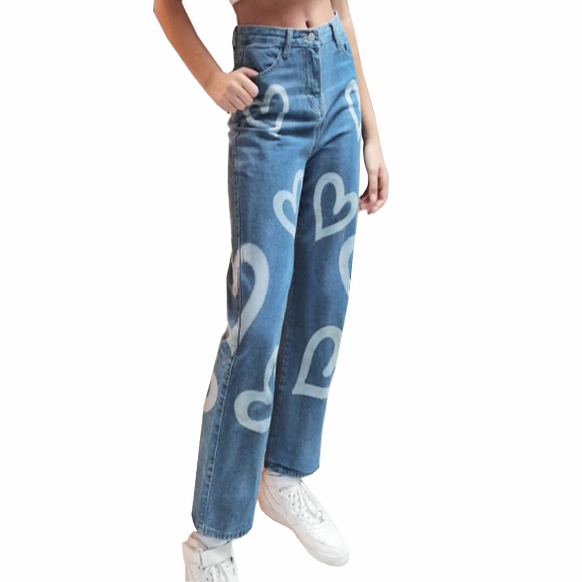 Heart Print Jeans for Women Fashion Wide Leg High Waist Denim Pants Boyfriend Jeans Loose Fit Vintage Jeans for Teen Girls