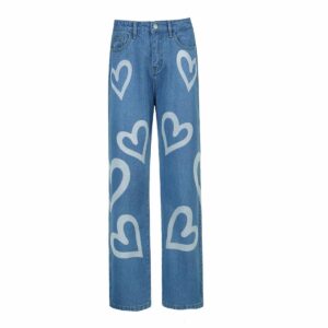 Heart Print Jeans for Women Fashion Wide Leg High Waist Denim Pants Boyfriend Jeans Loose Fit Vintage Jeans for Teen Girls