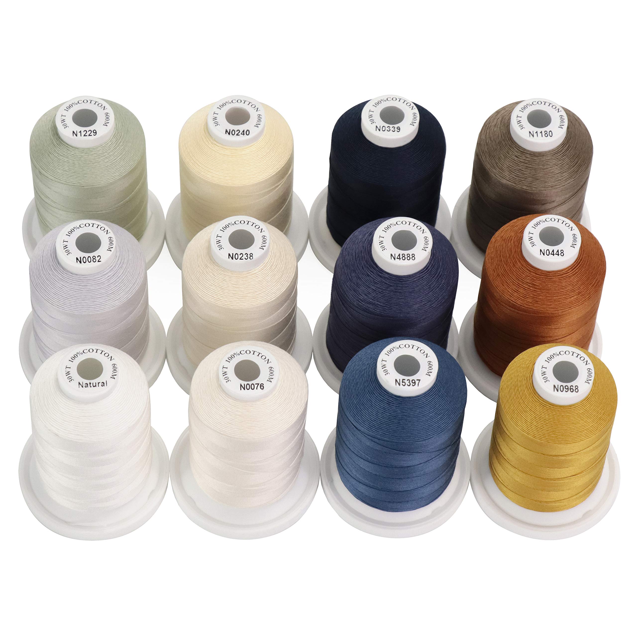 New brothread - 18 Options - Multi-Purpose 100% Mercerized Cotton Threads 50S/3 600M(660Y) Each Spool for Quilting, Serger, Sewing and Embroidery - 12 Neutral&Jean Colors