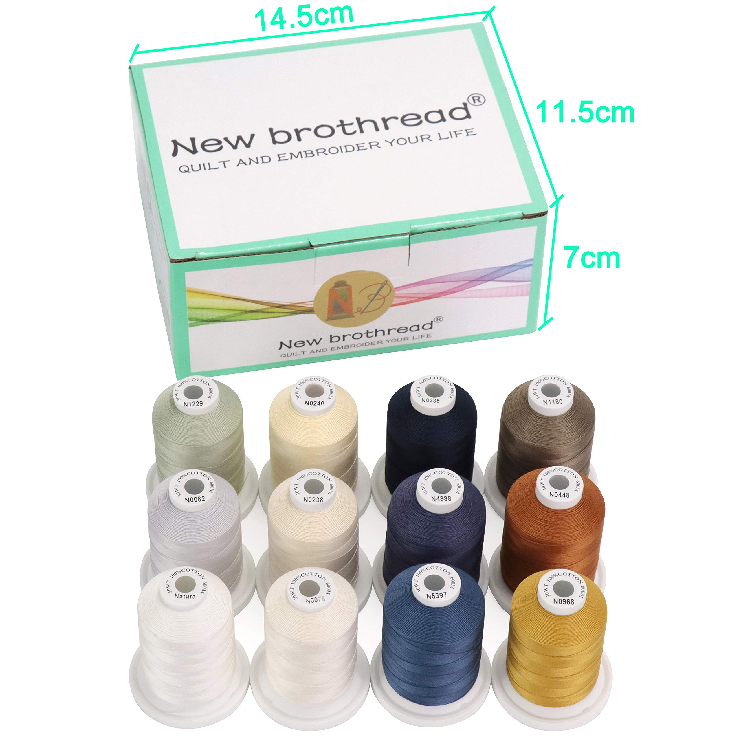 New brothread - 18 Options - Multi-Purpose 100% Mercerized Cotton Threads 50S/3 600M(660Y) Each Spool for Quilting, Serger, Sewing and Embroidery - 12 Neutral&Jean Colors